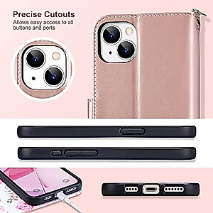 ULAK Compatible with iPhone 14 Plus Wallet Case with Card Holder, Flip iPhone 14 Plus Case for Women Girls PU Leather Kickstand Wrist Strap Shockproof Phone Case for iPhone 14 Plus 6.7'', Rose Gold