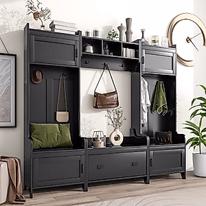 CKLMMC Modern Entryway Coat Hanger, 4-in-1 Multiple Functions Hall Tree with a Storage Bench, 7 Metal Black Hooks, and 4 Storage Cabinets (Black@4-in-1*)