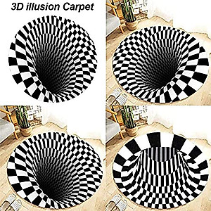3D Rug, Removable Magic Floor Visual Illusion Shaggy Rug,Sofa Round Blanket,Black White Plaid Round Square Rugs Anti-Skid Non-Woven Durable Doormat 3D Visual Floor Rug Carpet for Living Room,A,0.6×0.6