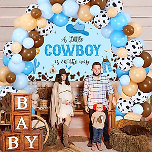 JOYMEMO Blue Brown Cowboy Baby Shower Decorations for Boy, Western Cowboy Balloon Garland Kit with A Little Cowboy is On The Way Backdrop, Wood Baby Shower Boxes, Wild West Baby Shower Supplies