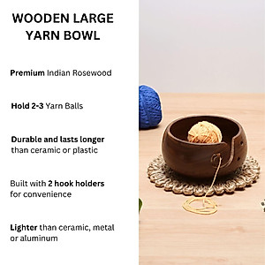 Vriksha Kraft Yarn Bowl with Crochet Hook Holder (7x4) – Wooden Large Knitting Bowl for Yarn – Free Pouch Bag – Knitting Gifts for Women and Knitters