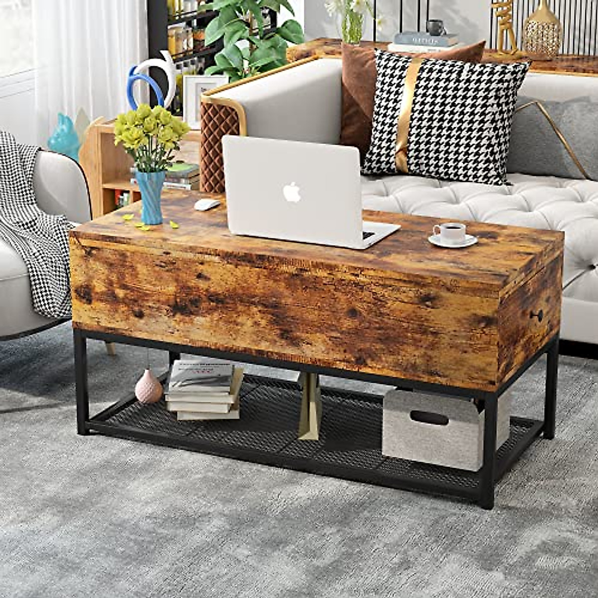 KCRET 43" Lift Top Coffee Table, 3 in 1 Multi-Function Coffee Table Modern Coffee Lift Table Dining Table with 2 Storage Drawers and Hidden Compartment for Living Room Reception Room (Rustic Brown)