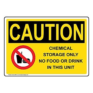 ComplianceSigns.com Caution Chemical Storage Only No Food Or Drink in This Unit OSHA Safety Label Decal, 5x3.5 in. Vinyl 4-Pack for Hazmat