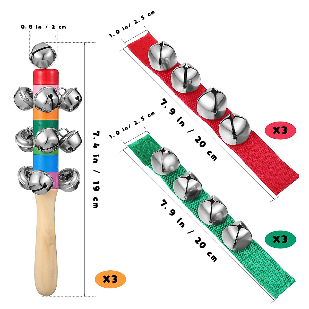 MILISTEN 3 Sets of Christmas Hand Jingle Bells and Band Wrist Bells, Hand Bells Ankle Bells, Wooden Handle Rainbow Bells Shaker Rattles, Hand Percussion for Christmas