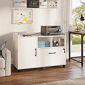 Rolanstar File Cabinet with Charging Station, Mobile Lateral Filing Cabinet with Locking Drawer, Printer Stand with Open Storage Shelf with Wheels, for Letter/Legal/A4 Size Files, White