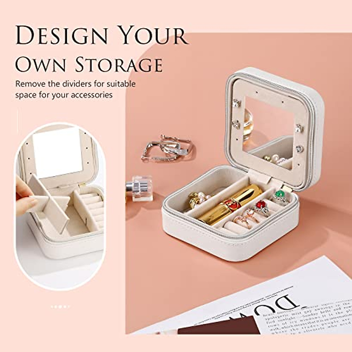 Emibele Travel Jewelry Box with Mirror, PU Leather Small Travel Jewelry Case, Travel Jewelry Organizer for Women Girls, Small Jewelry Travel Case for Rings, Earrings, Necklaces, Bracelet, White
