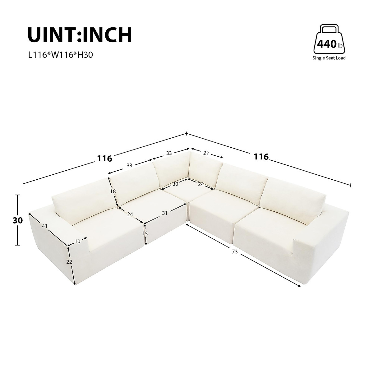 Ball & Cast 116" Luxury Upholstered Sectional Couch Set with Foam-Filled,L-Shaped Modular Reversible Sofa-Bed W/Free Combination,Modern Cozy Sleeper Furniture for Living Room Large Space,Beige