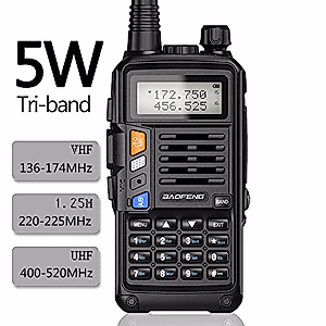 Baofeng UV-S9X3 5 Watt Tri-Band Radio : VHF, 1.25M, UHF, with 2200mAh Large Battery,Includes Dual Band Antenna, 220 Antenna, Earpiece, and More Amateur (Ham) Two-Way Radio… (Black)