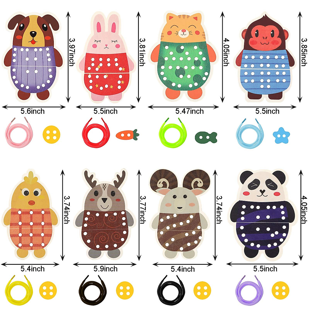 8 Pieces Wooden Lacing Animals Threading Toys Lacing and Tracing Cards Fine Motor Skill Toys for Boys and Girls School Activities