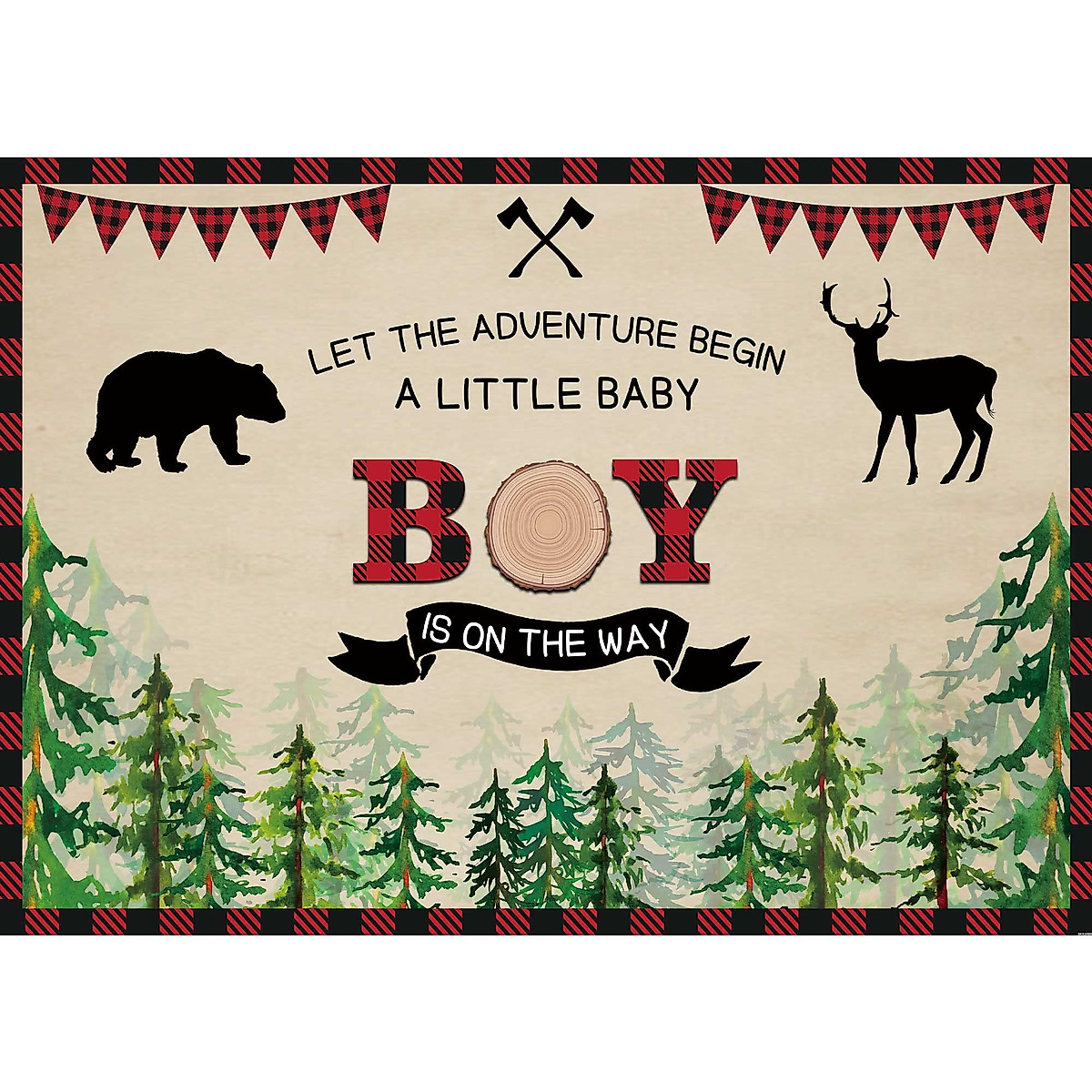 SeekPro 7x5ft Lumberjack Baby Shower Backdrop Red Plaid Bear Adventure Begins Boy Baby Shower Photo Background Baby Shower Party Supplies SK6211B
