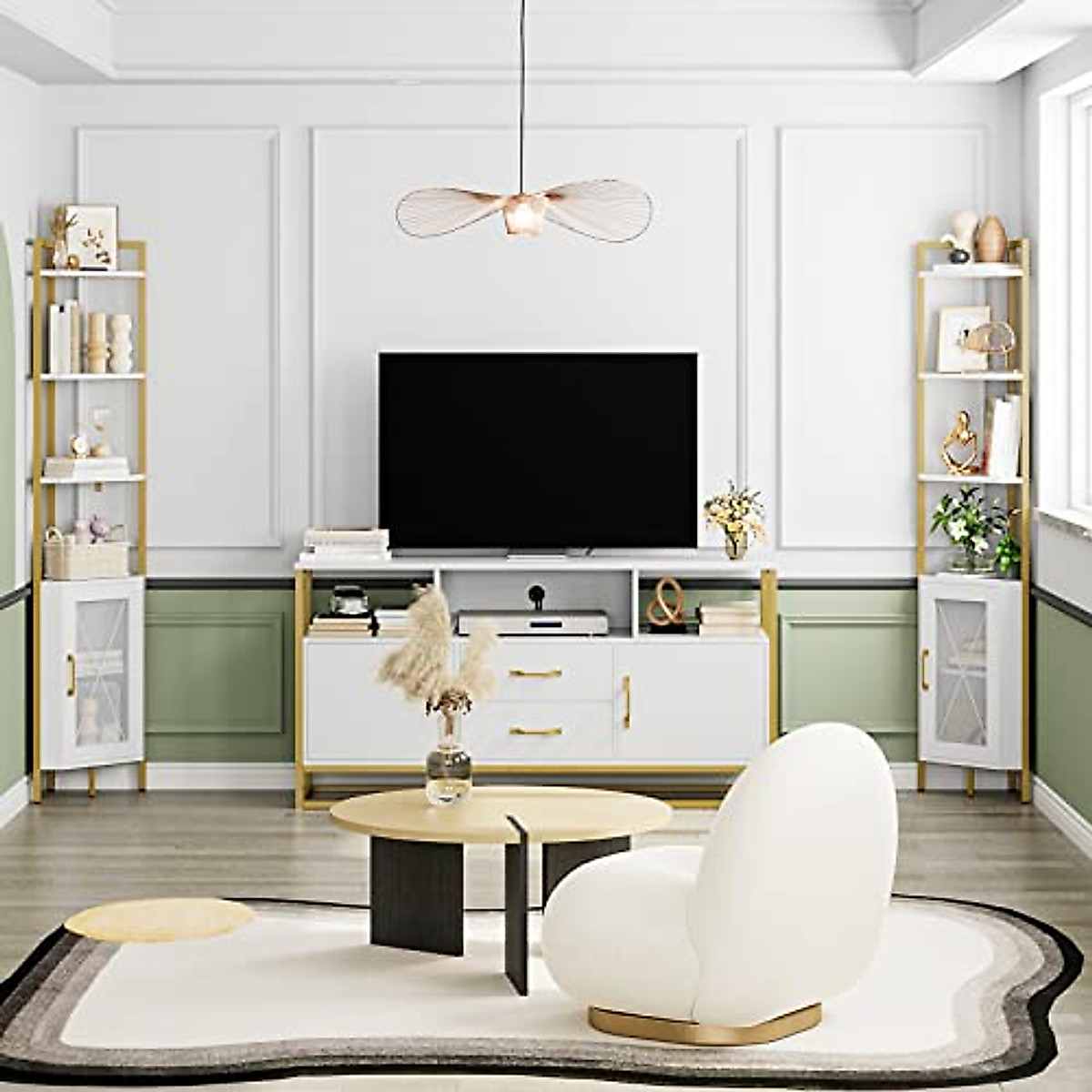 HITHOS 71" Tall Corner Shelf, 6-Tier Corner Bookcase, Gold Bookshelf with Storage Cabinet, Modern Display Shelf, Free Standing Storage Rack Plant Stand for Living Room, Bedroom, Home Office, White