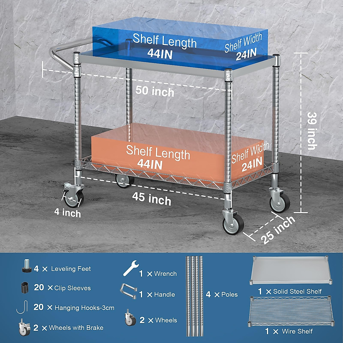 Leteuke 2 Tier Utility Cart with Wheels, NSF Certified 900LBS Capacity Heavy Duty Rolling Utility Carts with Handle Bar, Commercial Grade Metal Serving Storage Cart for Warehouse Garage Kitchen,Silver