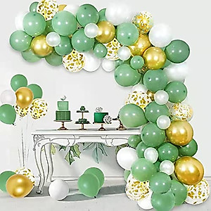 Olive Green Balloon Garland Arch Kit, White Gold Confetti Balloons Green Balloon and Gold Metallic Chrome Latex Balloons Set for Wedding Birthday Party Baby Shower Party Background Decoration