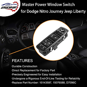 Master Power Window Switch | 8+13 PINS Check Required | Replacement for 2008-2012 Dodge Nitro Jeep Liberty, 2009-2010 Dodge Journey | Replaces# 4602632AG, 4602632AH