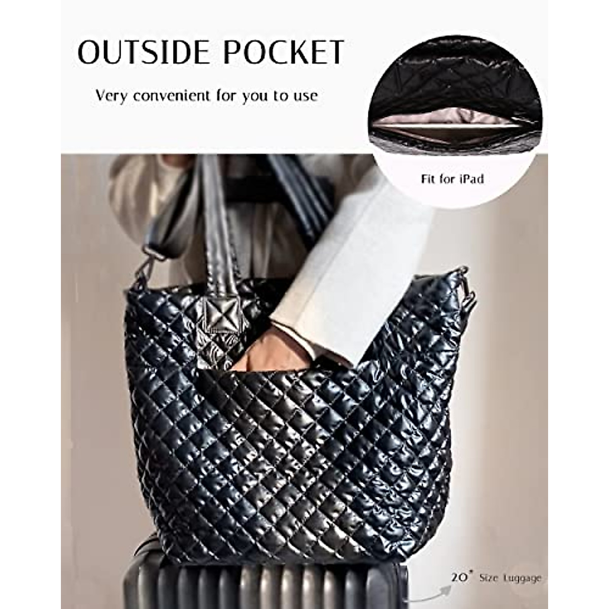 Hsitandy Quilted Tote Bag for Women,Weekender Bag,Light Nylon Quilted Crossbody Shoulder Bag for Travel,Work(Black)