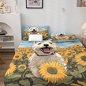 Schnauzer Sheets Full Size, Sunflower Plant Bed Sheets, Patterned Bedding Sheets & Pillowcases 4 Piece Set - Soft Microfiber Deep Pocket Fitted Sheet & Flat Sheet & 2 Pillow Cases L3-&-220
