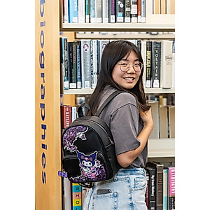 AI ACCESSORY INNOVATIONS Hello Kitty Kuromi Mini PU Backpack Purse, Kawaii Shoulder Bag with Epoxy Filled Metal Bow w/Skull Charm, 10.5 Inch, Anime Travel Bag, Faux Leather