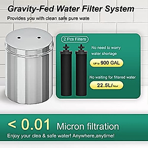 Gravity-Fed Water Filter System, 2.25 Gallon Stainless-Steel Filter Filtration Bucket with 2 Filters, 1 Brass Tap, 1 Water-Level Measuring Post for Home Camping Travel Outdoor Activities Emergencies