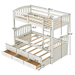Harper & Bright Designs Twin Over Twin Bunk Bed with Storage Drawers, Solid Wood Bunk Bed Frame with Trundle, for Kids, Teens, Adults (White)