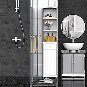 HOMCOM Bathroom Storage Cabinet, Free Standing Bath Storage Unit, Tall Linen Tower with 3-Tier Shelves and Drawer, White