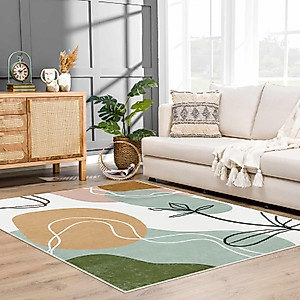 Wonnitar Boho Art 5x7 Rug,Washable Modern Abstract Living Room Area Rug,Minimalist Aesthetic Non-Slip Throw Rug for Bedroom,Non-Shedding Print Indoor Floor Carpet for Dorm Den,Pink/Green