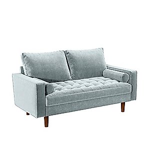 Container Furniture Direct Womble 58 Inch Velvet Loveseat Sofa with Elegant Button Tufted Upholstery, Square Arms, Splayed Wood Legs, Includes Matching Bolster Pillows, Steel Blue