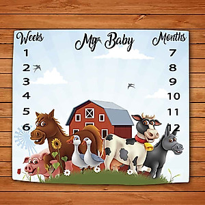 LYLYCTY Baby Monthly Milestone Blanket, Farm Theme Month Blanket for Newborn Baby Shower, Farm Animals Photography Background for Baby 48x40 inches BTCJLY13
