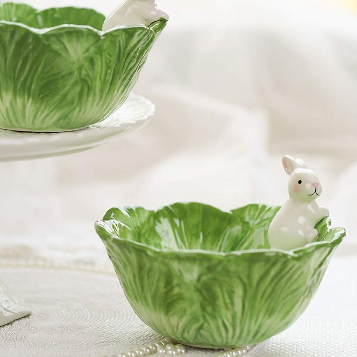 Rabbit Pattern Bowl Easter Candy Bowl Cute Cabbage Shaped Bowl Cartoon Ceramic Bowls Salad Bowls Soup Bowls Rice Bowls Snack Appetizers Nut Dish Easter Table Decor Gift