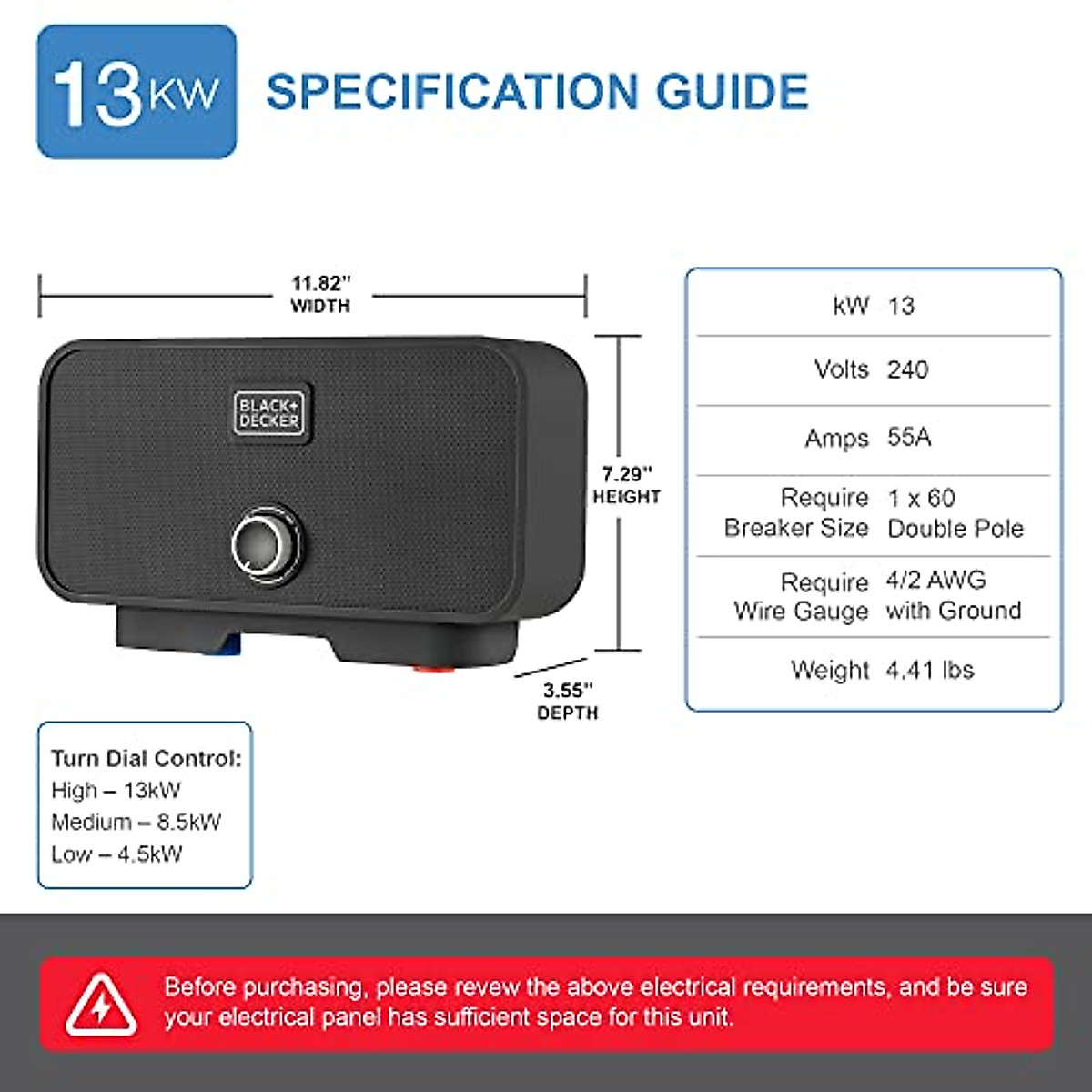 BLACK+DECKER 13kW / 240-V Tankless Electric Water Heater with Pressure Relief Device, Ideal for a Full Bathroom