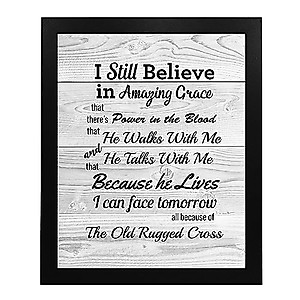 Still Believe, Amazing Grace, Old Rugged Cross - Christian Hymns Wall Art w/Distressed Wood Design, Church Song Lyric Wall Decor Print For Home Decor, Office Decor, Cabin, Lake House, Unframed - 8x10