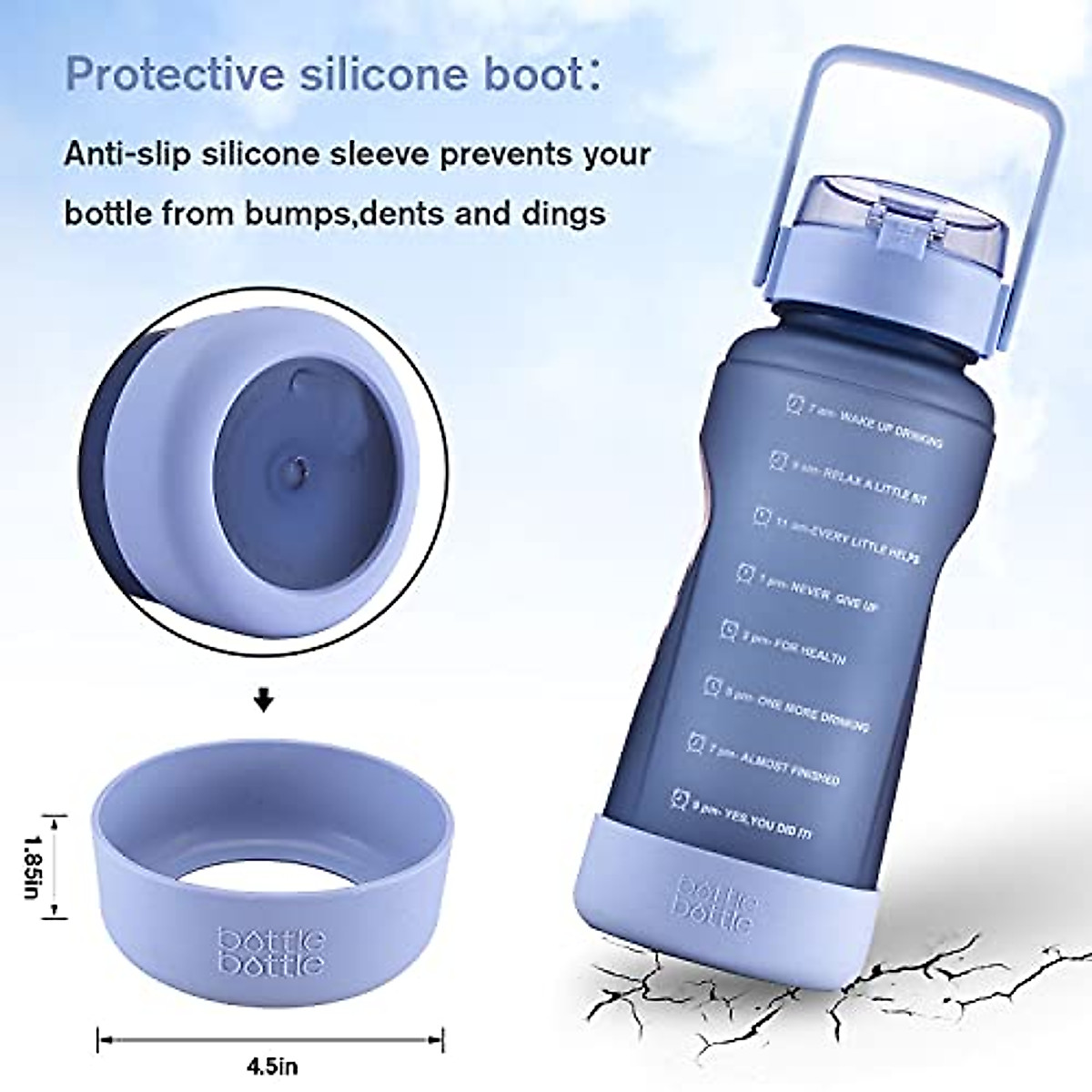 BOTTLE BOTTLE 64 OZ Gallon Motivational Water Bottle with Time Marker and Straw Protective Silicone Boot Workout Leak-proof Bottle for Adults and Kids Half Gallon Water Jug (blue)