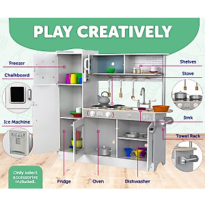 Play Kitchen - Wooden Kitchen Playset for Toddlers and Big Kids - Mini Pretend Toy for Boys and Girls with Cooking Stove, Oven, Pots, Pans, Phone, Microwave, Fridge, Sink, Utensils - Ages 3-8