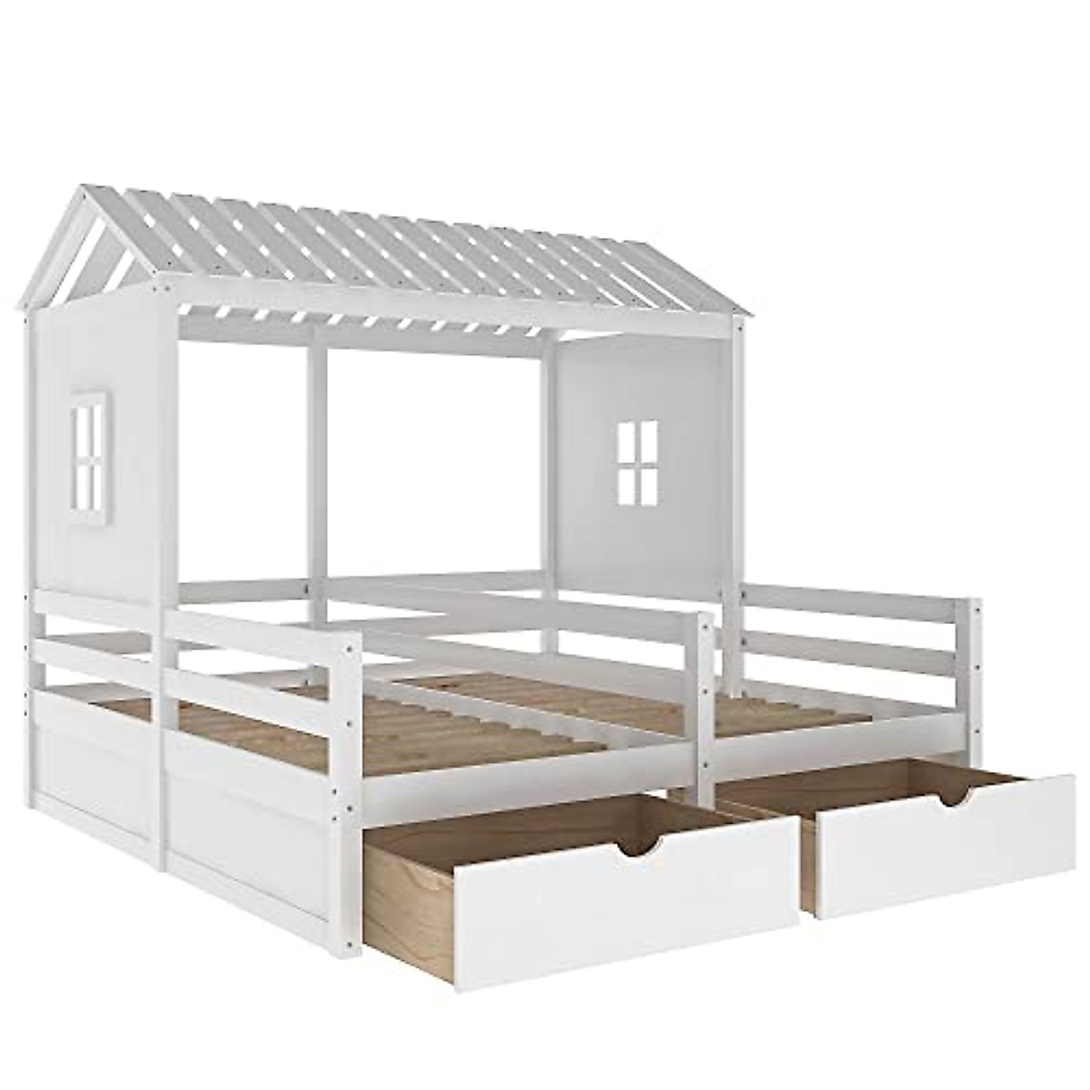 BOVZA Double Twin Size House Bed with Storage Drawers, Side by Side Twin Size Beds, Two Twin Platform Beds for Kids Girls Boys Teens, White