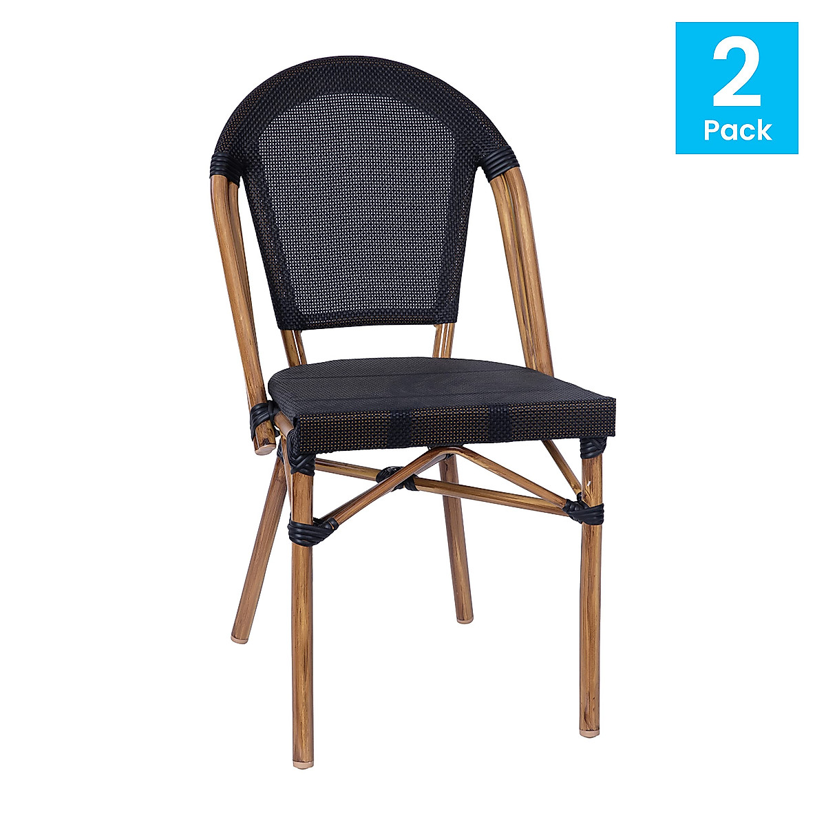 BizChair Set of 2 Indoor/Outdoor Commercial Bistro Stacking Chair, Black Textilene Back and Seat, Bamboo Print Aluminum Frame in Natural