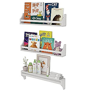 Nursery Décor Wall Shelves – 3 Shelf Set – White Long Crown Molding Floating Bookshelves for Baby & Kids Room, Book Organizer Storage Ledge, Display Holder for Toys, CDs, Baby Monitor