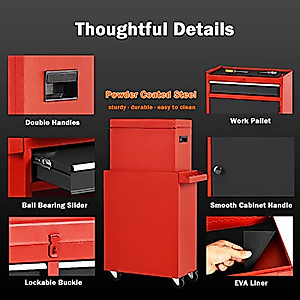 Goplus Rolling Tool Chest, 5-Drawer Tool Box Organizer w/Lockable Wheels & Sliding Drawers & Detachable Top & Adjustable Shelf, Tool Storage Cabinet for Garage Workshop (Red+Black)