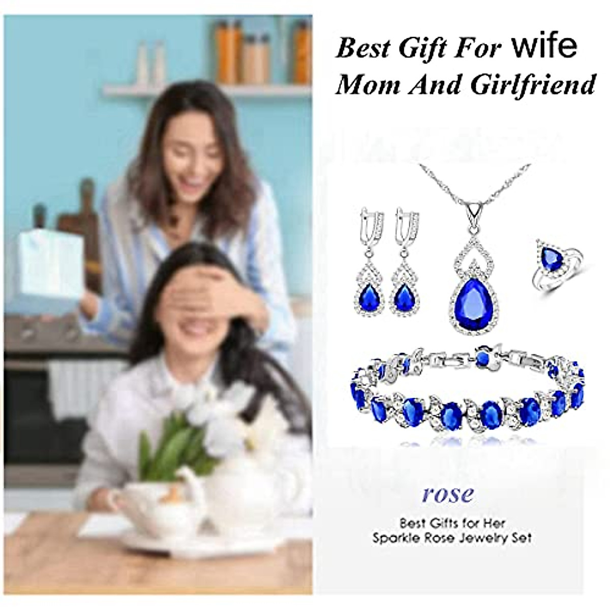 LMXXVJ Women Jewelry Set Platinum Plated Necklace Open Ring Earrings Bracelet Set,Birthday/Anniversary Mother’s Day Jewelry Gifts for Mom/Wife/Sister/Best Friend (blue, Adjustable)