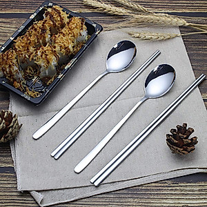 JUCOXO Stainless Steel Chopsticks and Spoons Set of 3, Korean Spoons and Chopsticks Set, Reusable Metal Long Handle chopsticks Spoon Set