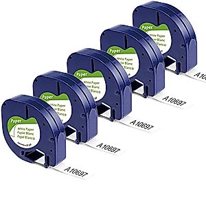 Aonomi Compatible Label Tape Replacement for DYMO Letratag Refills 91330 10697 Self-Adhesive Paper LT Tape for DYMO LetraTag 200B Plus LT-100T LT-100H QX50 Label Maker, 1/2 Inch x 13 Feet (5 Pack)