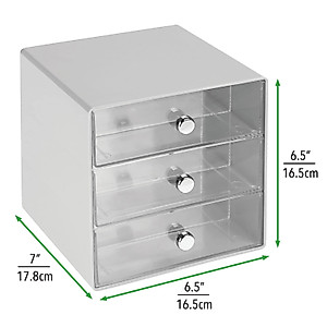 mDesign Stackable Plastic Eye Glass Storage Organizer Box Holder for Sunglasses, Reading Glasses, Lens Cleaning Cloths, and Accessories - 3 Divided Drawers, Chrome Pulls - Gray/Clear