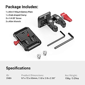 SmallRig Mini V Mount Battery Plate, V-Lock Mount Battery Plate with Crab-Shaped Clamp for Camera Power Supply - 2989