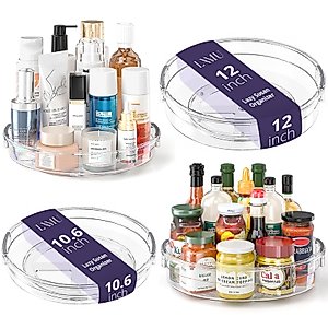 LAMU 4 Pack Lazy Susan Organizer Turntable for Cabinet, 10.6in 12in Rotating Organizer for Pantry, Kitchen, Fridge, Countertop, Bathroom, Spice Organization, Makeup Organizer, Clear