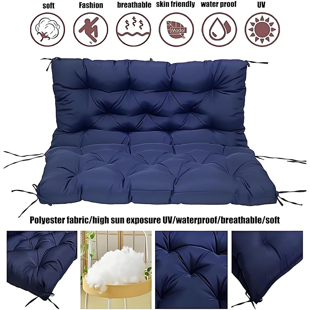 Waterproof Thicken 5"outdoor swing cushions 2-3 Seater Washable Swing Replacement Cushions High elastic PP cotton filling,for garden patio loveseat Pad,non-slip-with fixed rope,47"x40"/Lake Blue
