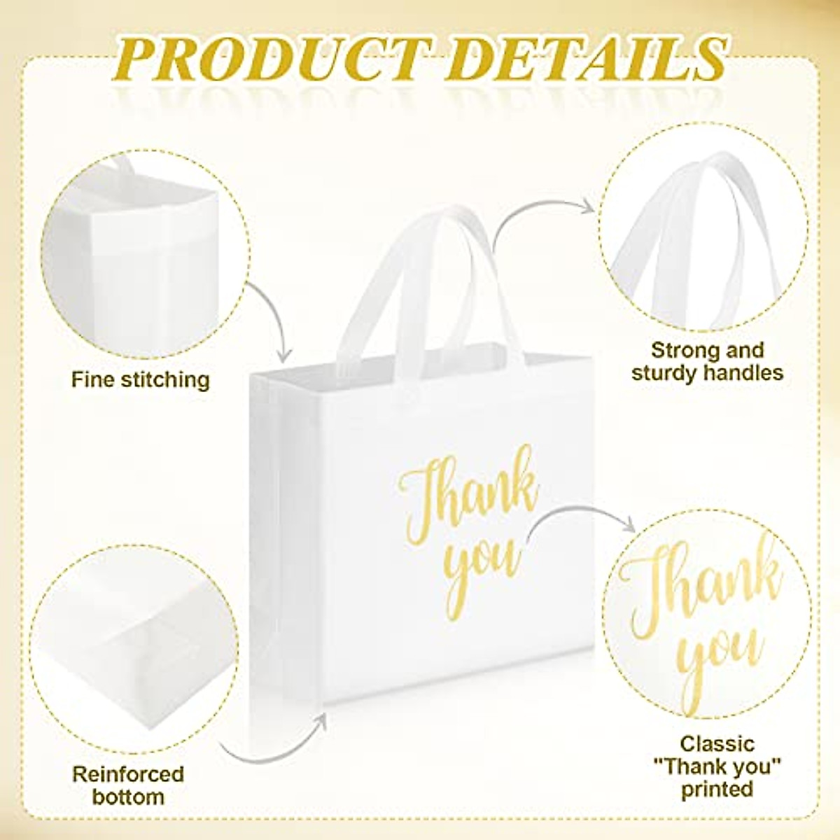 Fumete 50 Pcs Reusable Non Woven Thank You Bags Shopping Bags Grocery Bags Bulk Shopping Merchandise Bag with Handles (White, Gold)