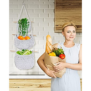 MOVNO Hanging Fruit Basket, Handmade Macrame Hanging Basket, Decorative Macrame Fruit Basket Hanging, Space Saving Boho Fruit Basket, Perfect for Kitchen/Room/Living Room Organization Storage