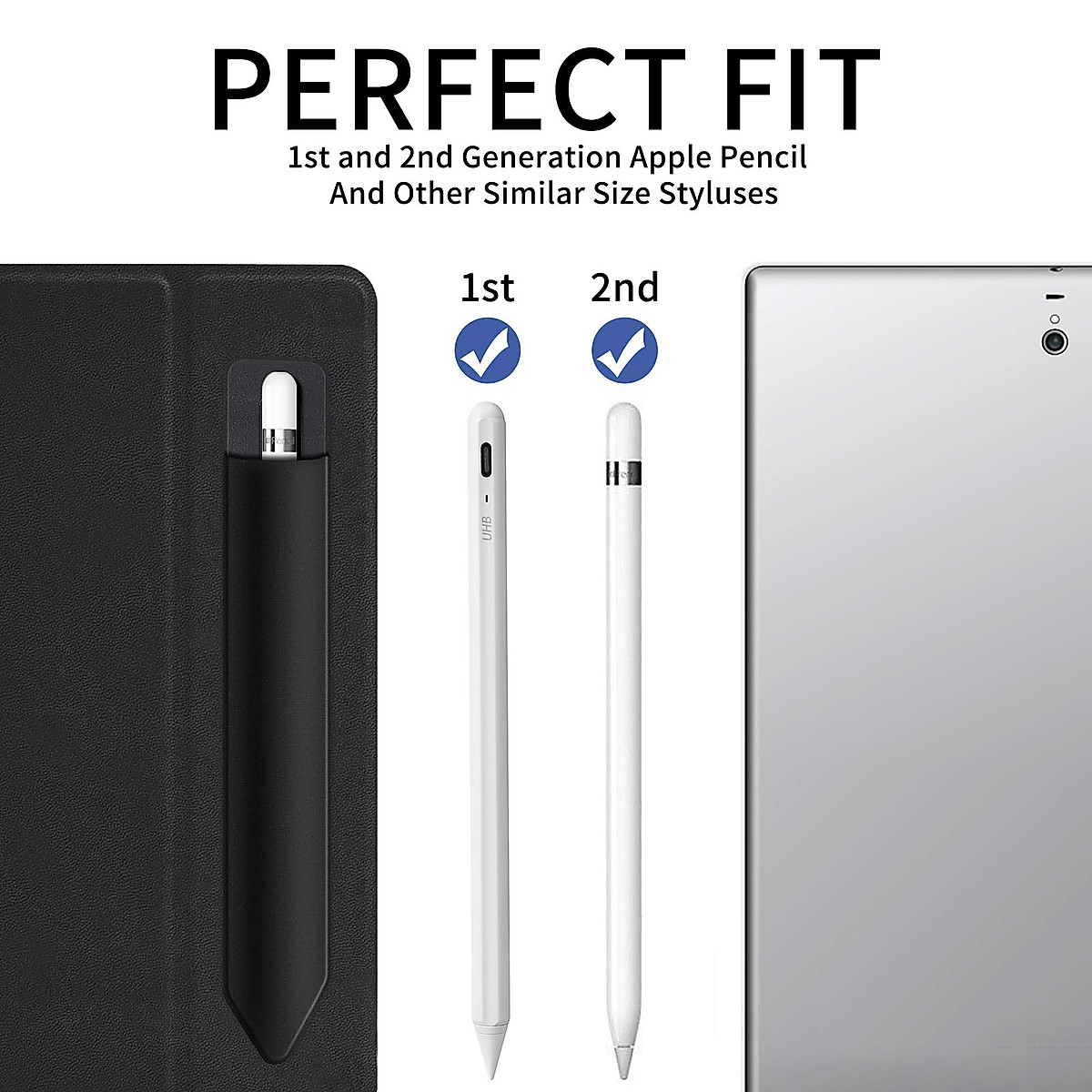 2 Pack Pencil Holder for Apple Pencil 1st 2nd Generation, YUOROS Adhesive Pencil Sleeve for iPad iPad 9th/8th Gen, Tablet Stylus Surface Pen (Black, Black)