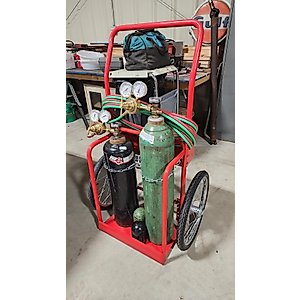 Red Steel Welding Cart Hauls Welding Tanks Torch Equipment Over Rough Terrain