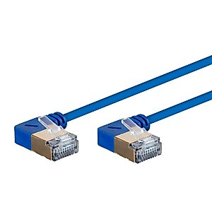 Monoprice Cat6A 3ft Blue 90 Degree Patch Cable Double Shielded (S/FTP) 36AWG 10G CM Pure Bare Copper Snagless RJ45 SlimRun Series Ethernet Cable