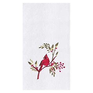 C&F Home Holiday Winter Themed Single Red Cardinal Embroidered Sitting on Red Berry Tree Flour Sack Christmas Dishtowel Decor Decoration 27L x 18W in. 18" x 27" White