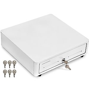 Volcora Cash Register Drawer for (POS) Point of Sale System with Round Corner 13", Removable Coin Tray, 4 Bill/5 Coin, 24V, RJ11/RJ12 Key-Lock, Media Slot,Cash Till for Businesses, White